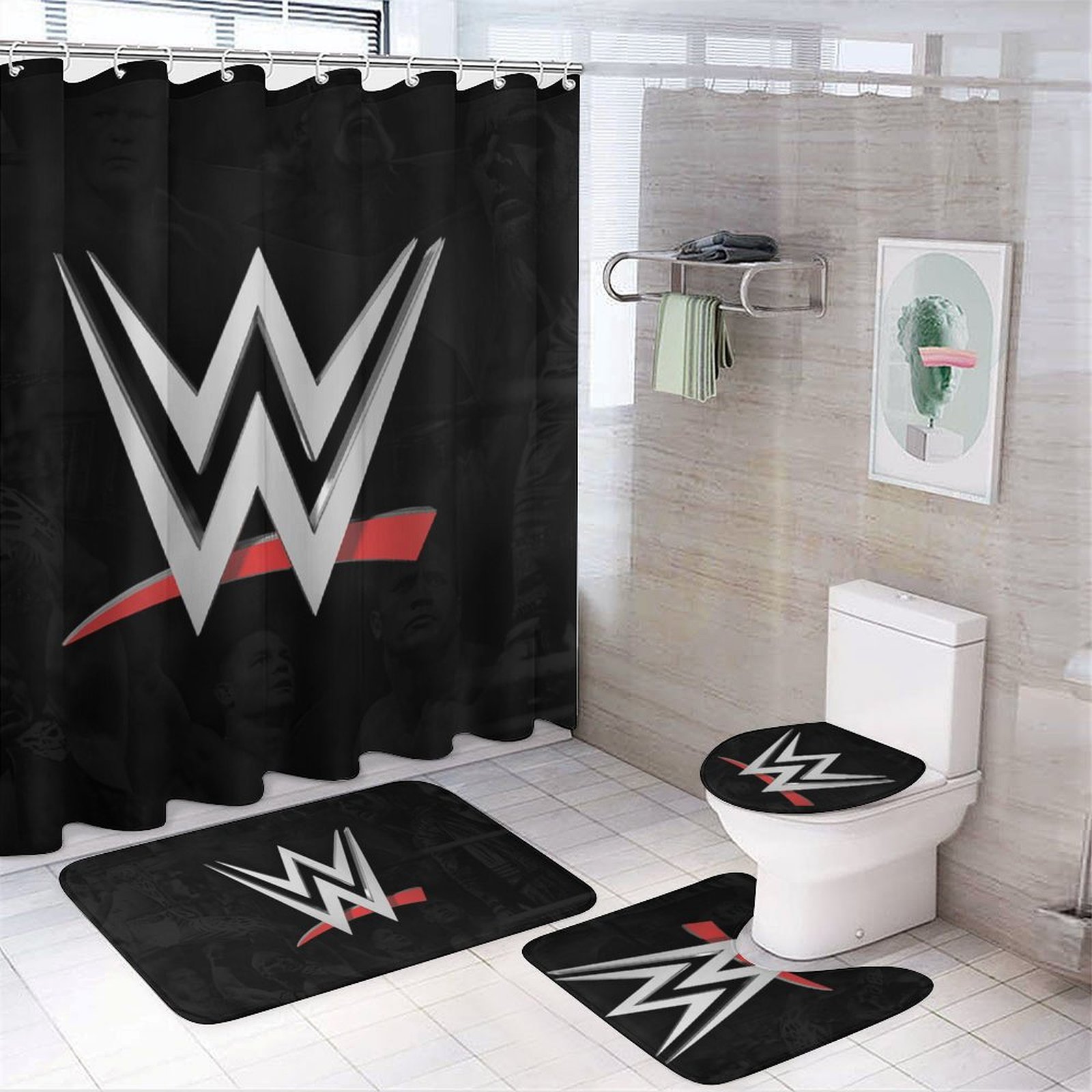 WWE 4 Pcs Shower Curtain Sets with Rugs, Bath Mat, U Shape And Toilet ...