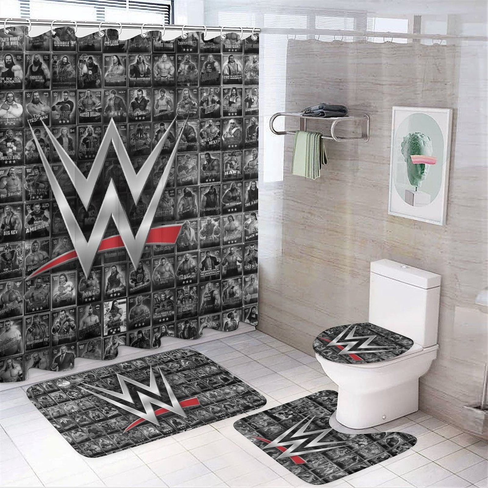 WWE 4 Pcs Shower Curtain Sets with Rugs, Bath Mat, U Shape And Toilet ...