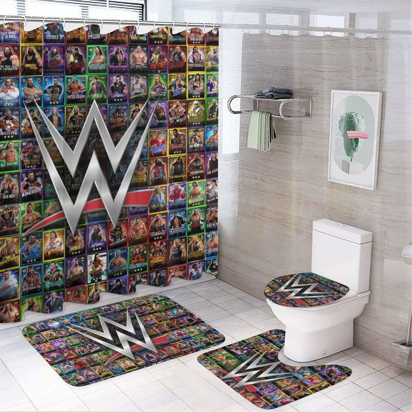 WWE 4 Pcs Shower Curtain Sets with Rugs, Bath Mat, U Shape And Toilet ...