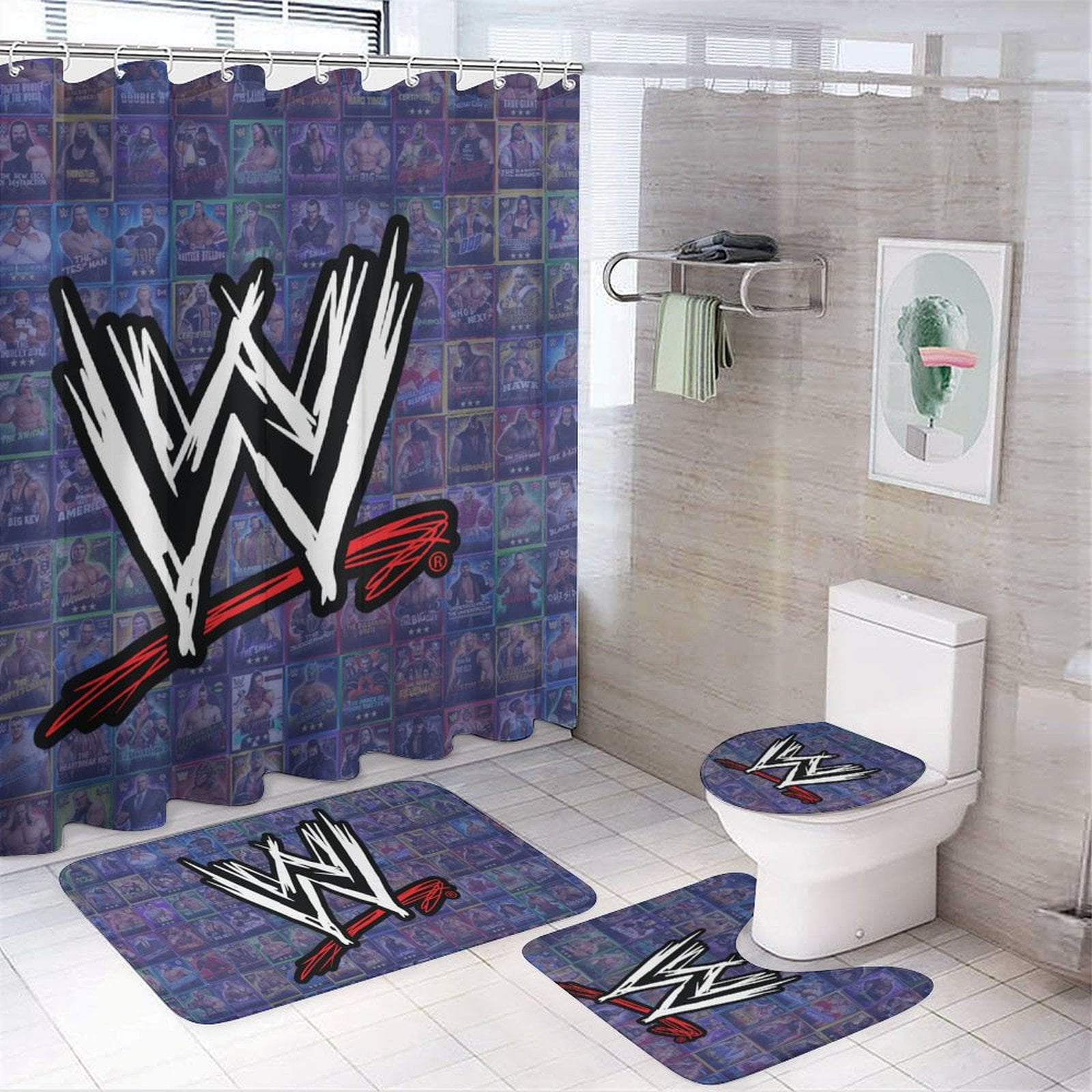 WWE 4 Pcs Shower Curtain Sets with Rugs, Bath Mat, U Shape And Toilet ...