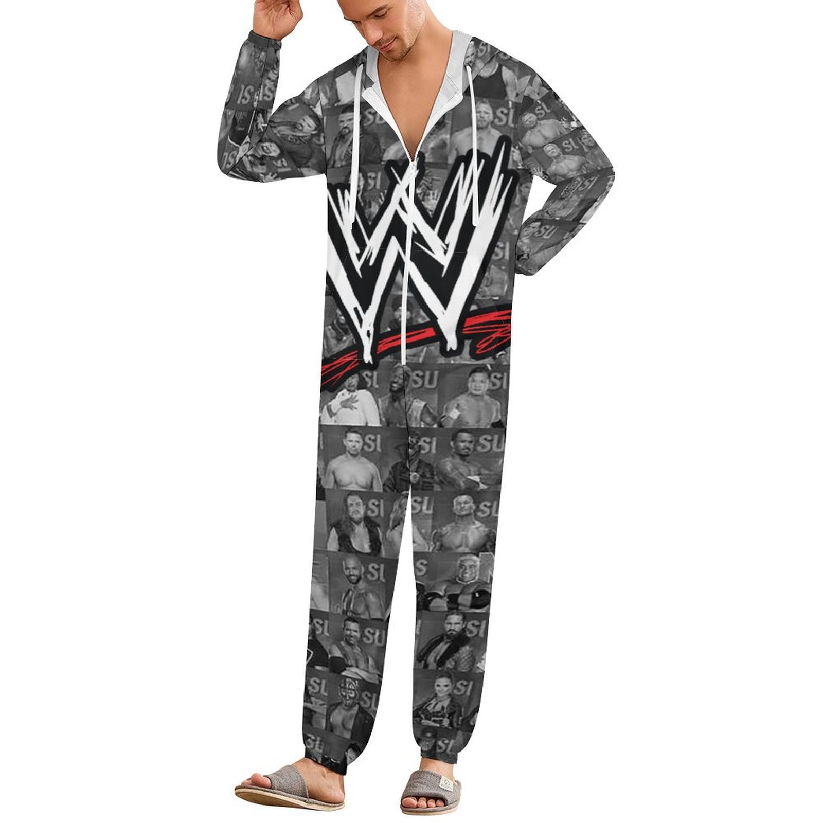 WWE Unisex Onesie Pajamas Zipper Jumpsuit Hooded One Piece Sleepwear ...