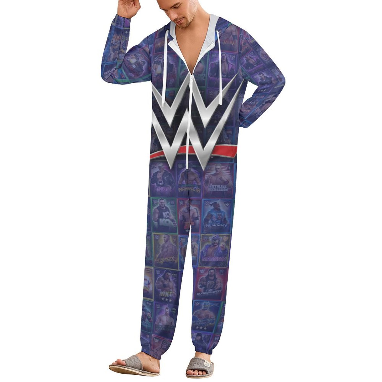 WWE Unisex Onesie Pajamas Zipper Jumpsuit Hooded One Piece Sleepwear ...