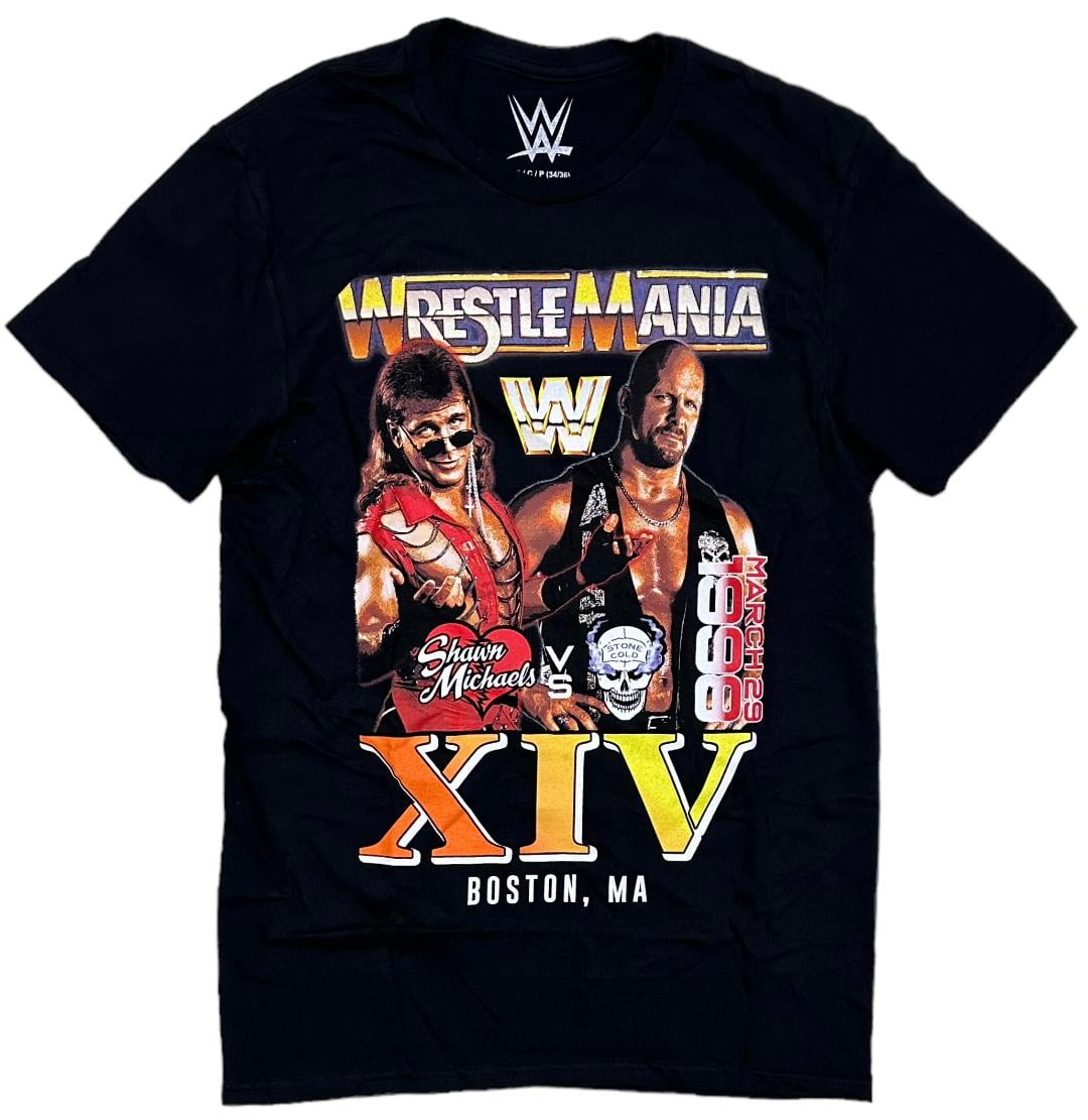 WWE WrestleMania XIV Men's T-Shirt Shawn Michaels Vs Stone Cold Steve Austin Tee (X-Large, Black ...