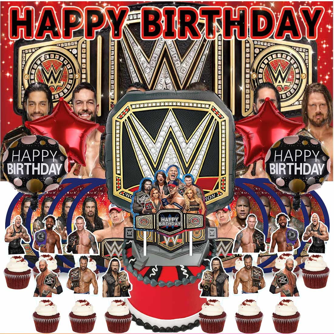 Wrestling Party Supplies Decor Tableware Backdrop Banner Cake Topper ...