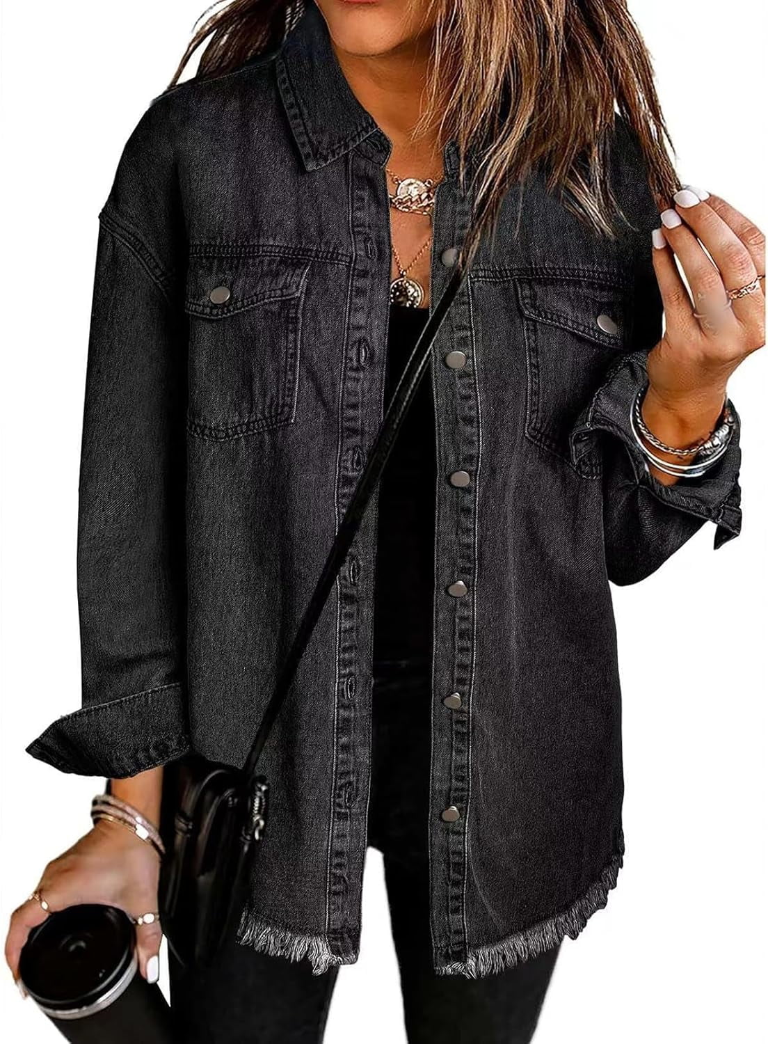 WWKQQ Women's Casual Denim Button down Distressed Jacket, Oversized ...