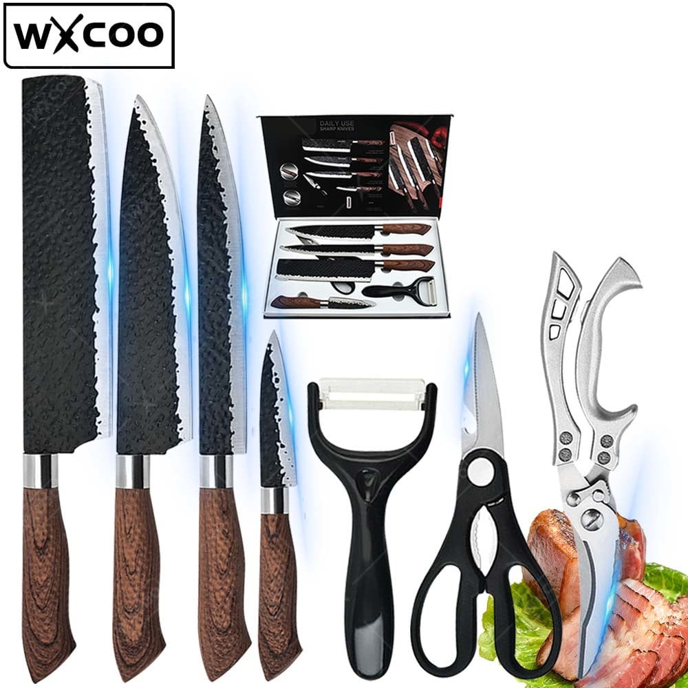 WXCOO 7PCS Forged Hammer Pattern Meat Cleaver 1-7pcs Kitchen Knives Set ...