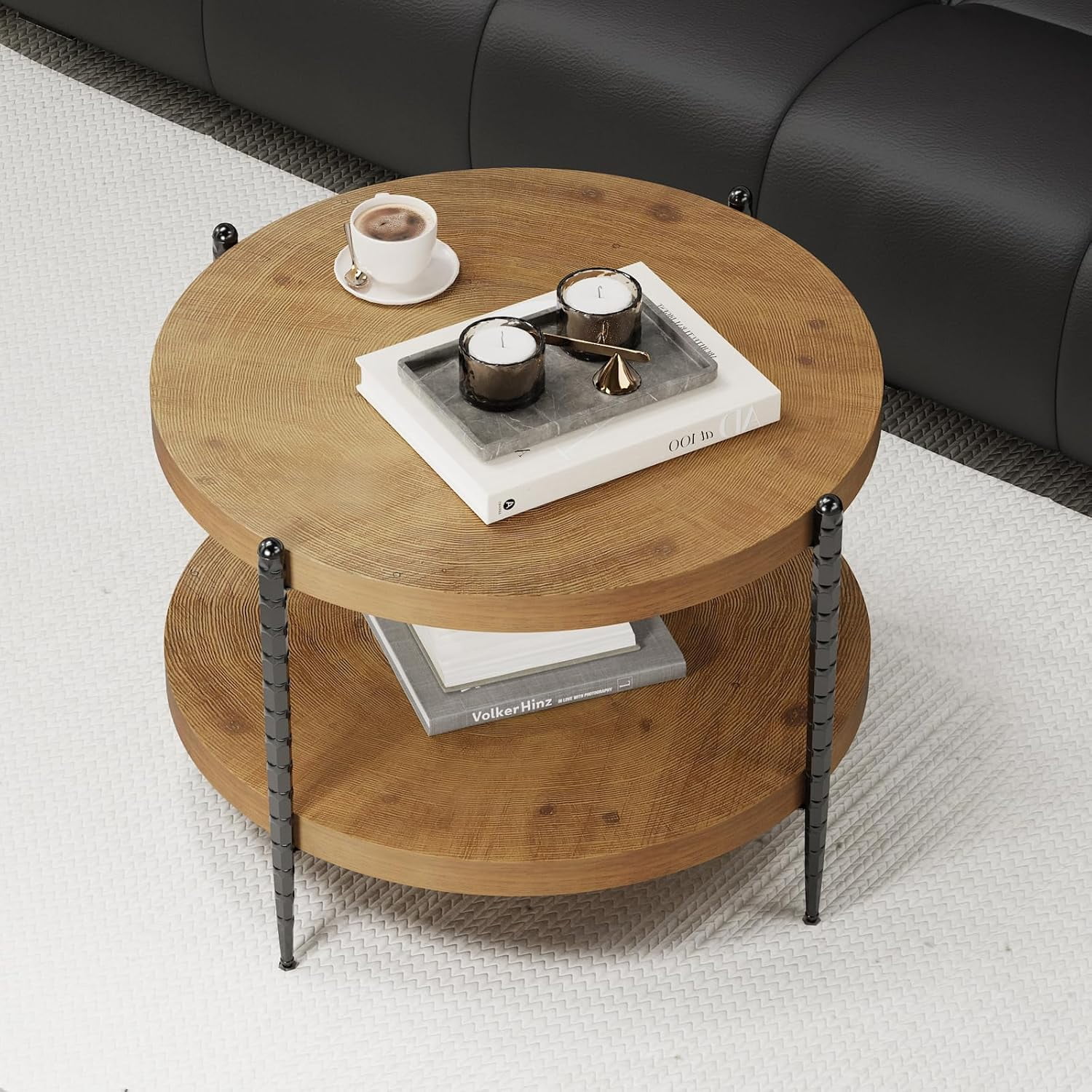 WXFKLDJ 2 Tier Round Coffee Table with Storage Round Boho Coffee Table ...