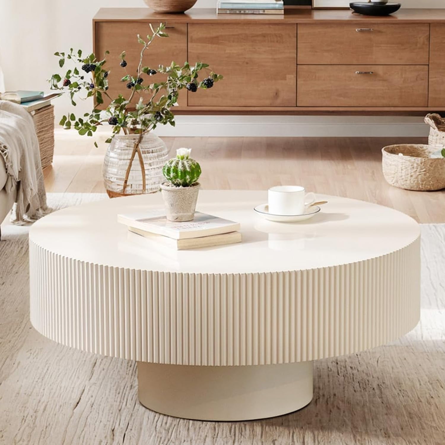WXFKLDJ Round Drum Coffee Table Round Fluted Coffee Table Wood Circle ...