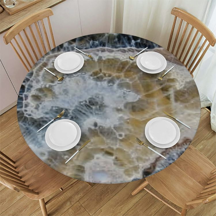 WXKJ Brown Marble Round Fitted Tablecolth with Elastic Edge Polyester ...