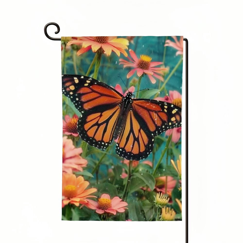 WXKJ Butterfly House Flag Butterflies On Pink Yellow Flowers Green Leaf ...