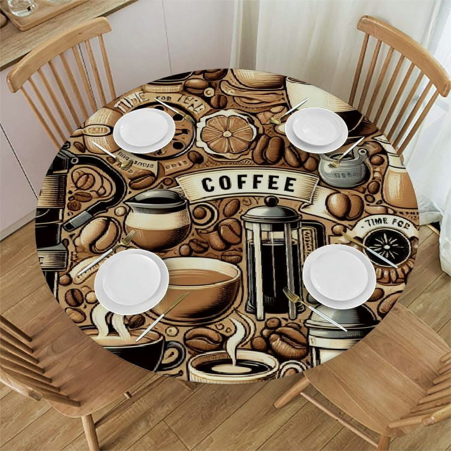WXKJ Coffee Theme Round Fitted Table Cover for Dining Tables,Elastic ...