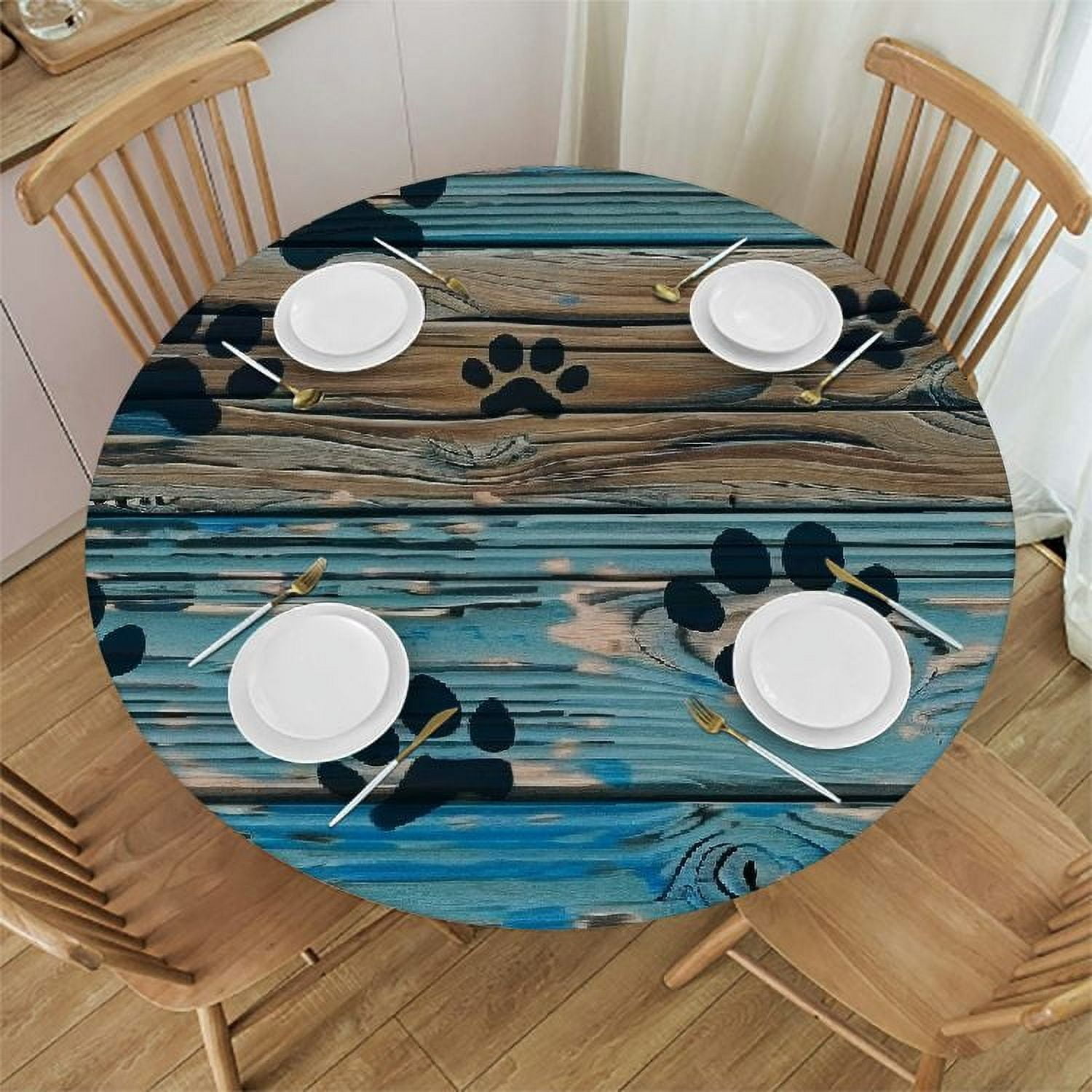 WXKJ Dog Paw Print Round Tablecloth, Teal Brown Beige Wood Fitted Table ...