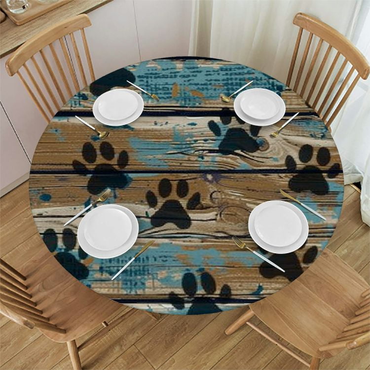 WXKJ Dog Paw Print Round Tablecloth, Teal Brown Beige Wood Fitted Table ...