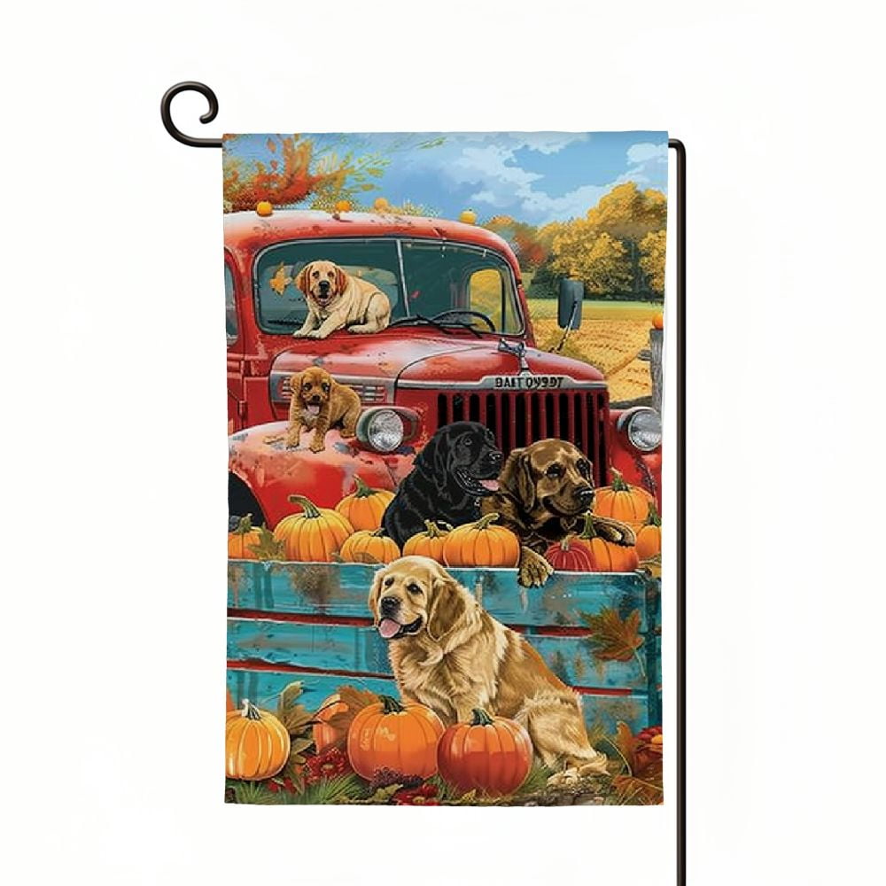WXKJ Fall Puppies Garden Flag Red Pickup Dogs Labs Garden Flags Double ...