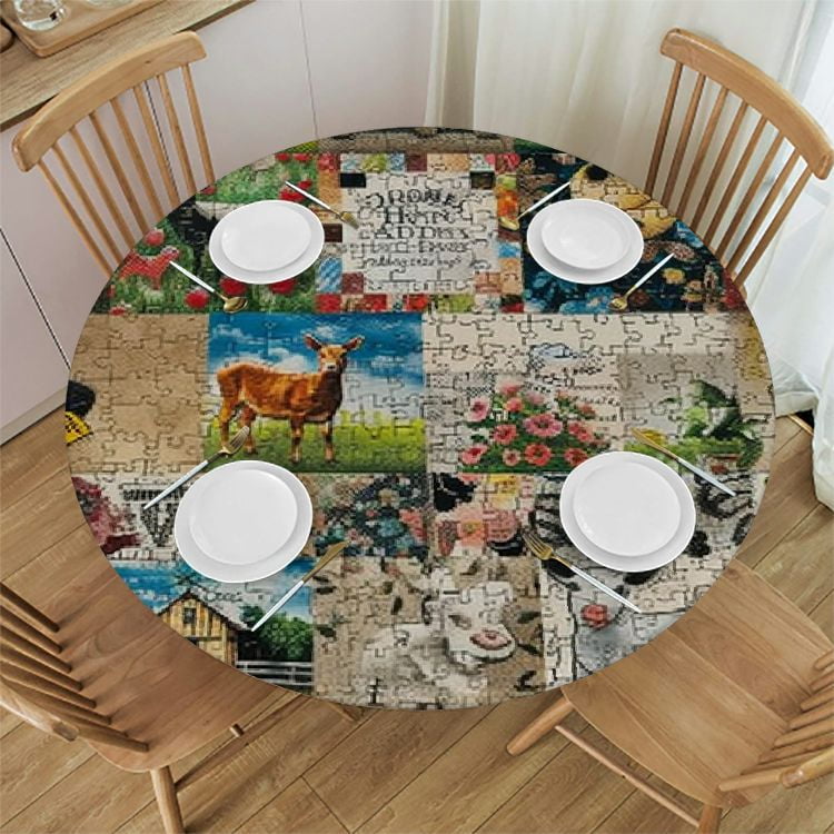 WXKJ Fitted Tablecloth for Round Table,Farm Animal Cow Pig Vintage ...