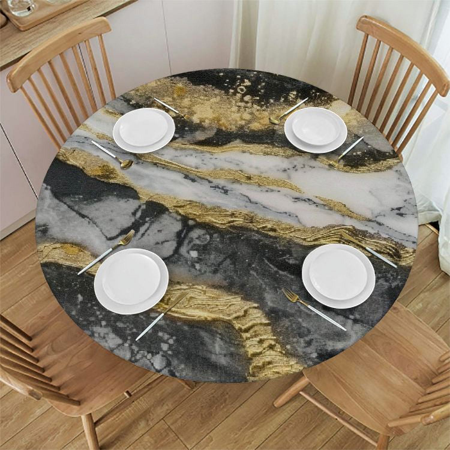 WXKJ Marble Texture Fitted Tablecloth Round with Elastic Edged, Gold ...