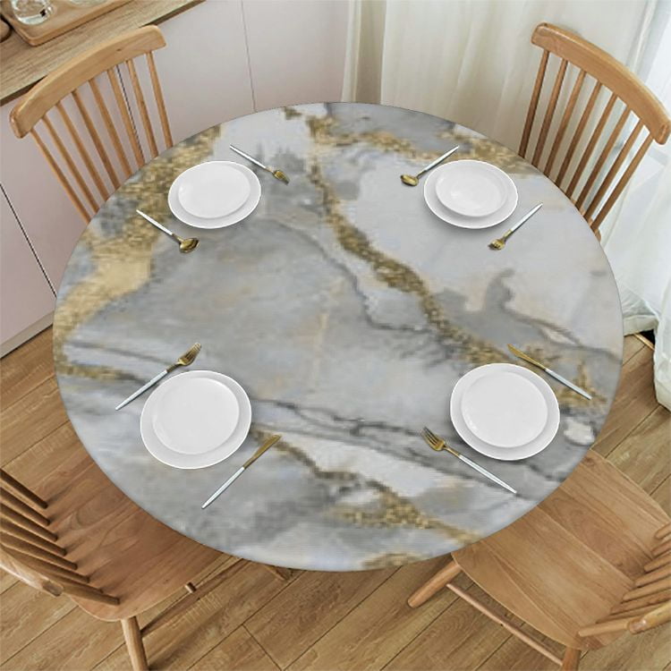 WXKJ Marble Texture Round Fitted Tablecloth with Elastic Edge Grey ...