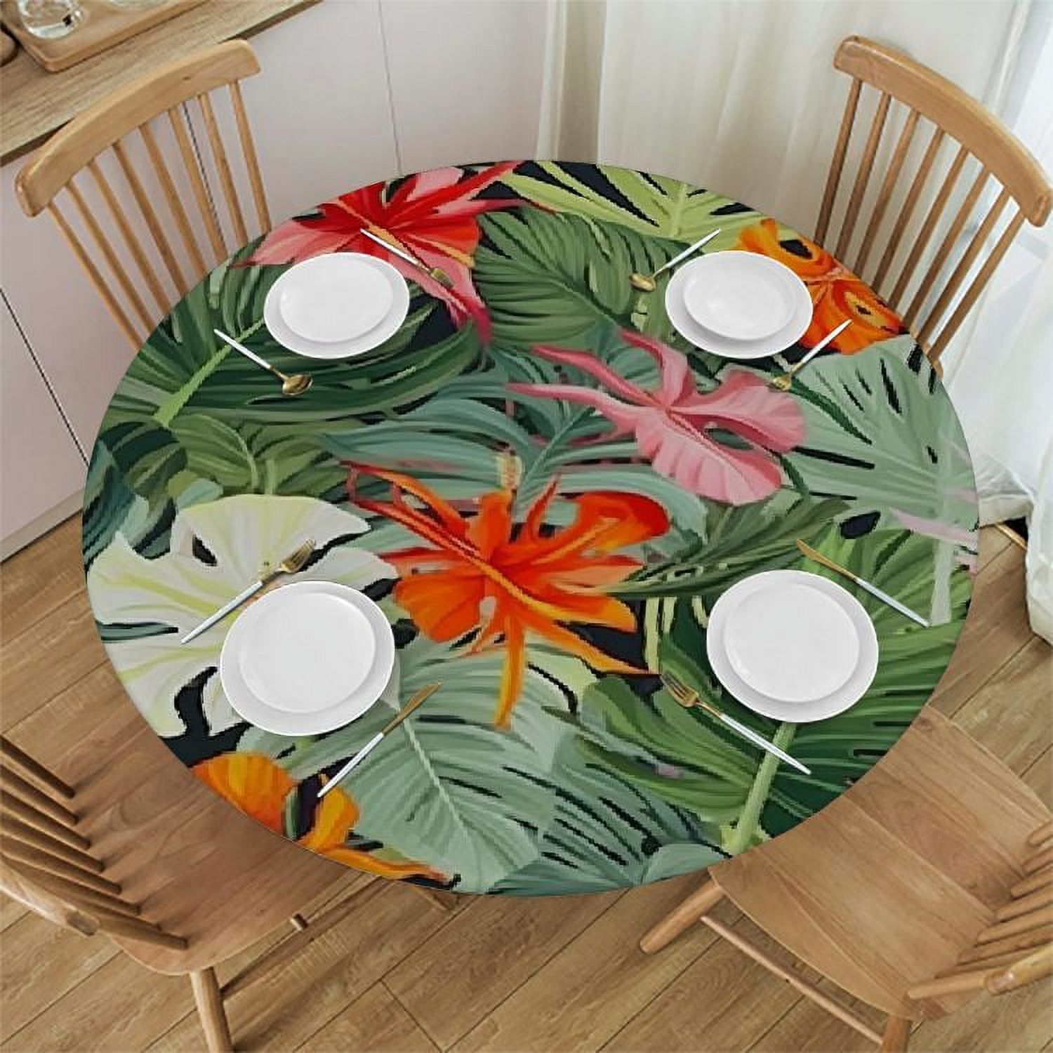 WXKJ Round Fitted Leaf Tablecloth, Vegetation Leaves with Flowers ...