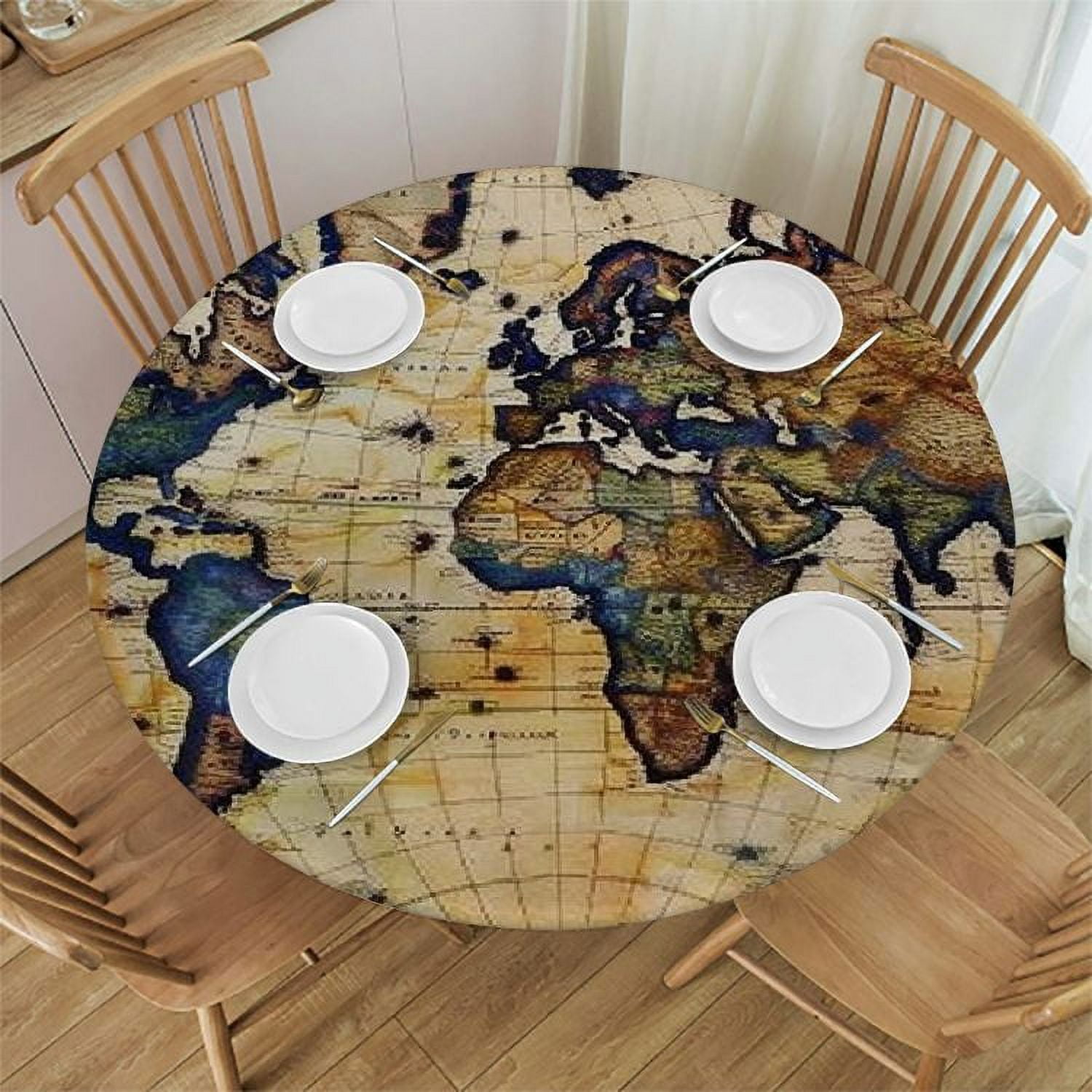 WXKJ Round Fitted Tablecloth with Elastic Edge Vintage World Map Round ...