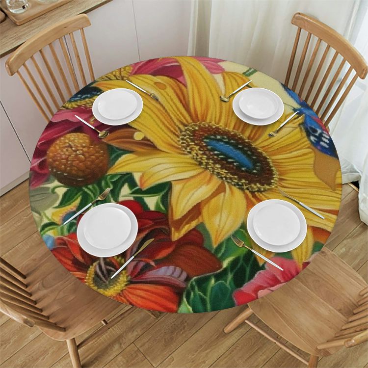 WXKJ Round Fitted Tablecloth Round Tablecloth with Elastic Edge ...