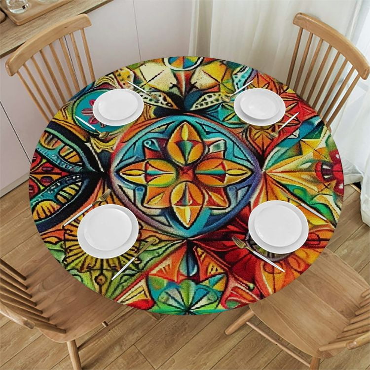 WXKJ Round Tablecloth Boho Round Fitted Tablecloth with Elastic Round ...