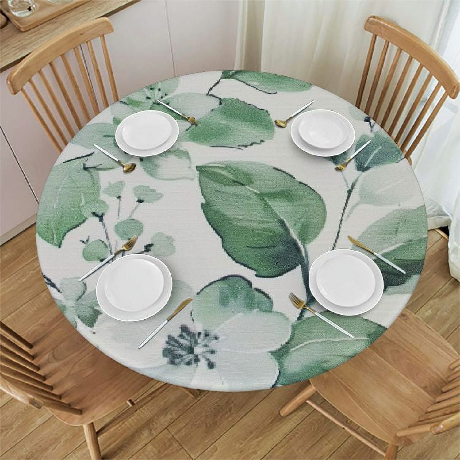 WXKJ Sage Green Leaf Round Elastic Tablecloth Edge Fitted Table Cover ...