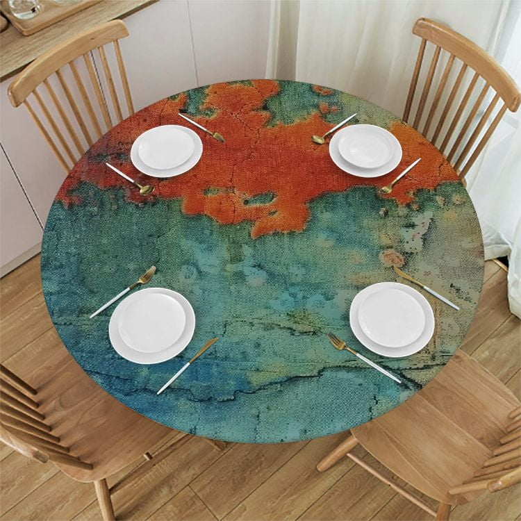 WXKJ Teal Round Tablecloth, Oil Painting Modern Fitted Table Cover with ...