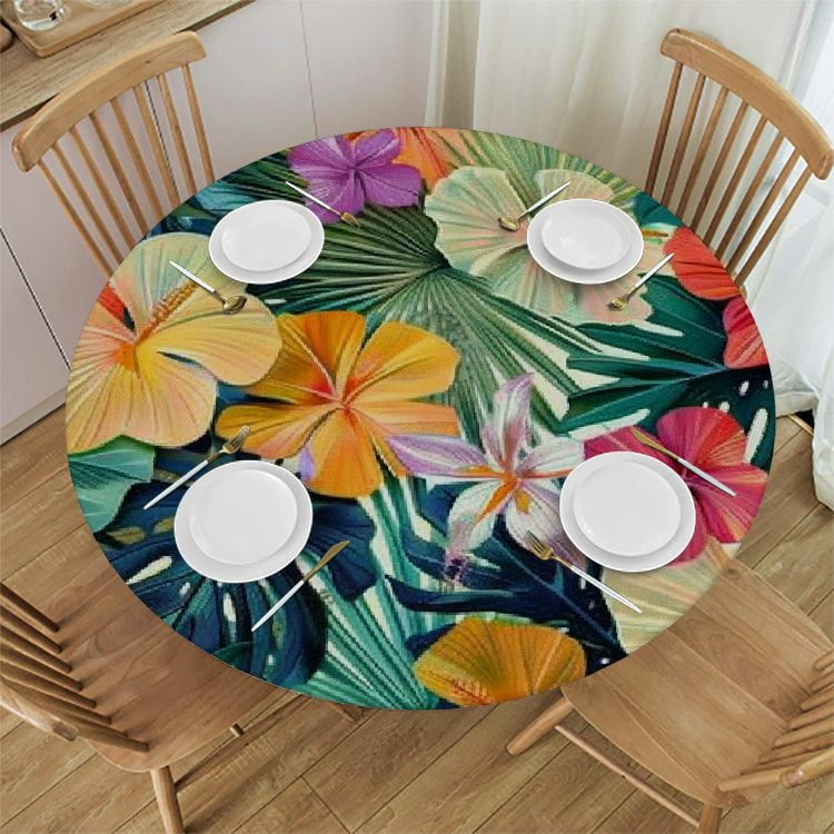 WXKJ Tropical Palm Leaves Fitted Tablecloth Round with Elastic Edged ...