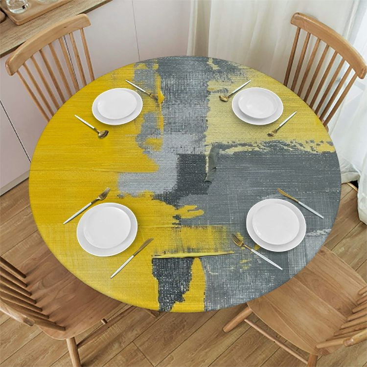 WXKJ Yellow Grey Modern Abstract Art Painting Round Fitted Table Covers ...