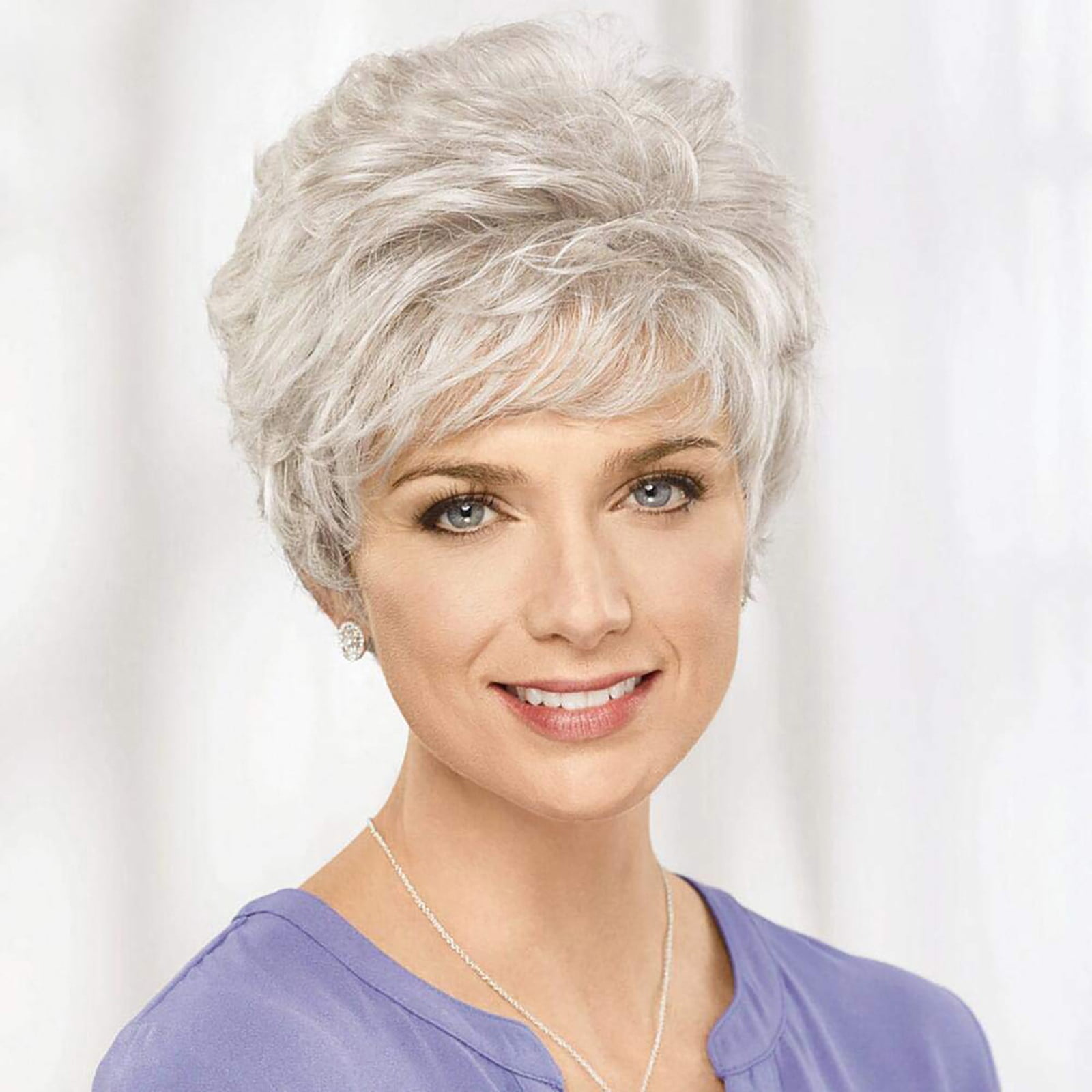 WXLCISI Pixie Cut Silver Wig, Slanted Bangs, Short Curly Hair, Fluffy ...