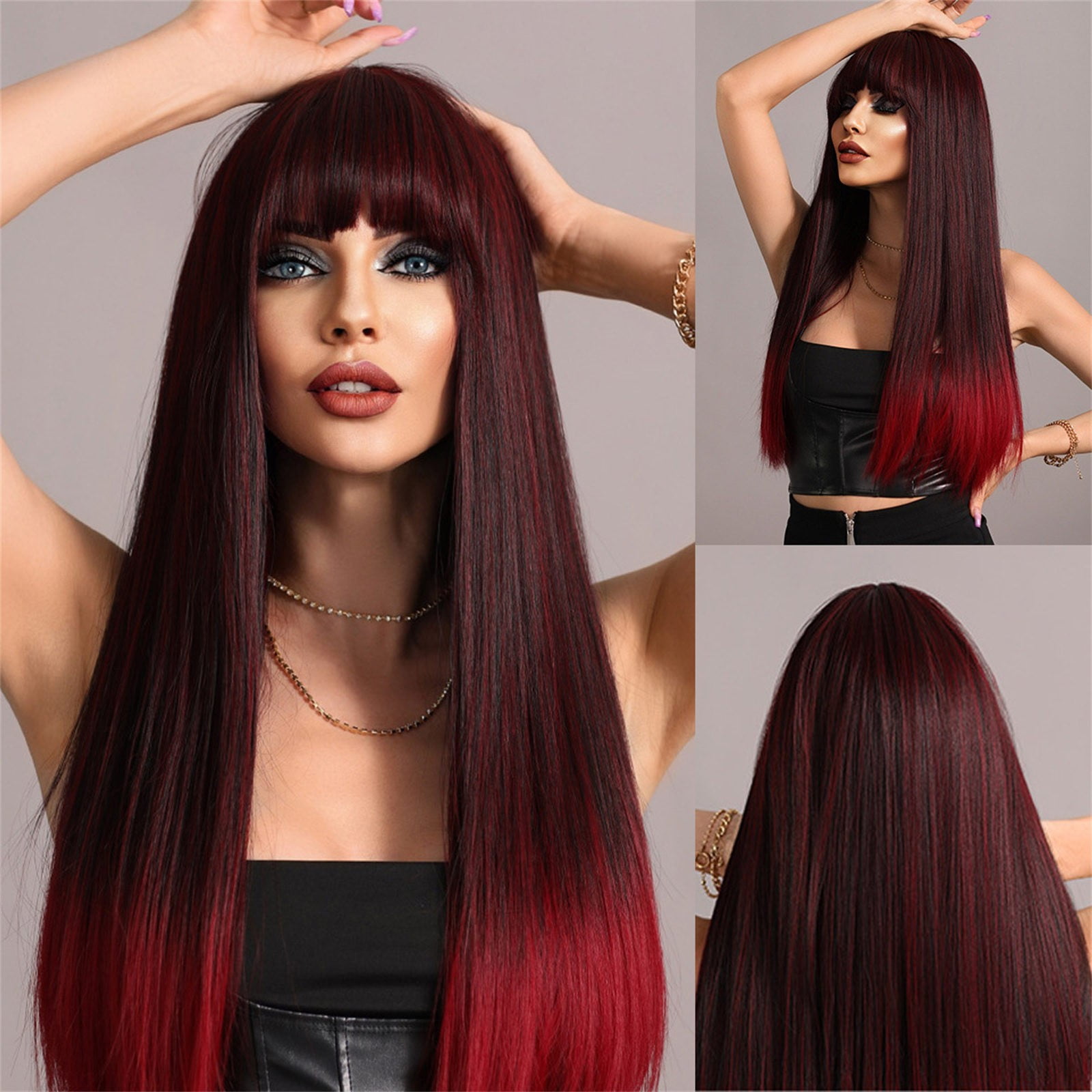 WXLCISI Women's Gradient Wigs Long Straight Hair Black Gradient Red ...