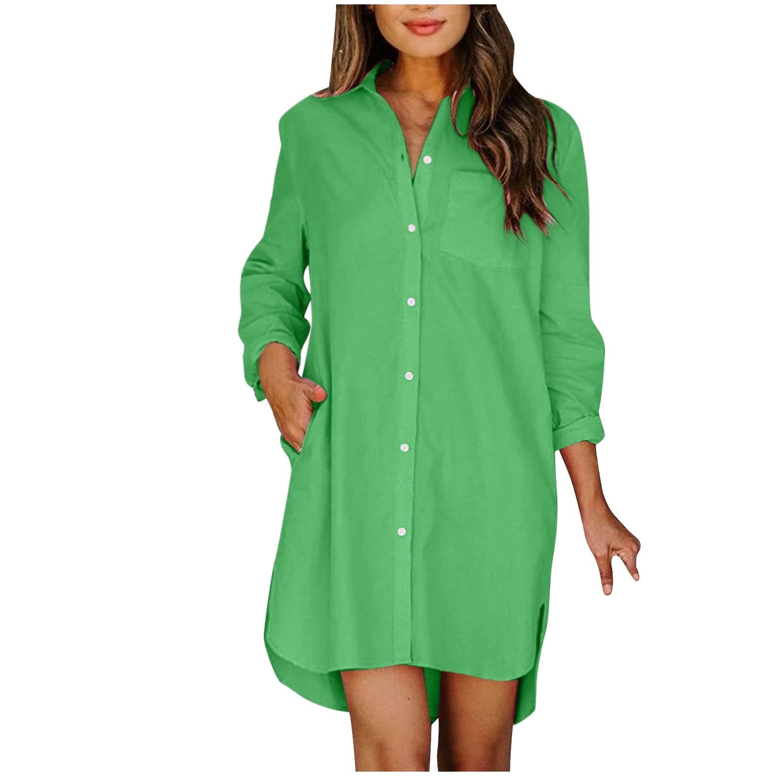 WXLWZYWL Womens Button Down Shirt Dresses with Pockets Cotton Button Up ...