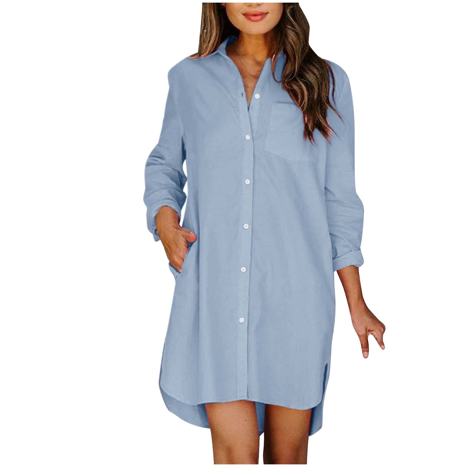 WXLWZYWL Womens Button Down Shirt Dresses with Pockets Cotton Button Up Tunics Long Sleeve Solid ...