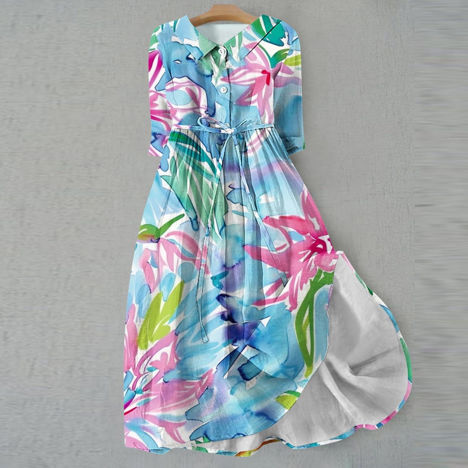 WXLWZYWL Womens Lapel Neck Dresses Summer Ladies Boho Floral A-Line ...