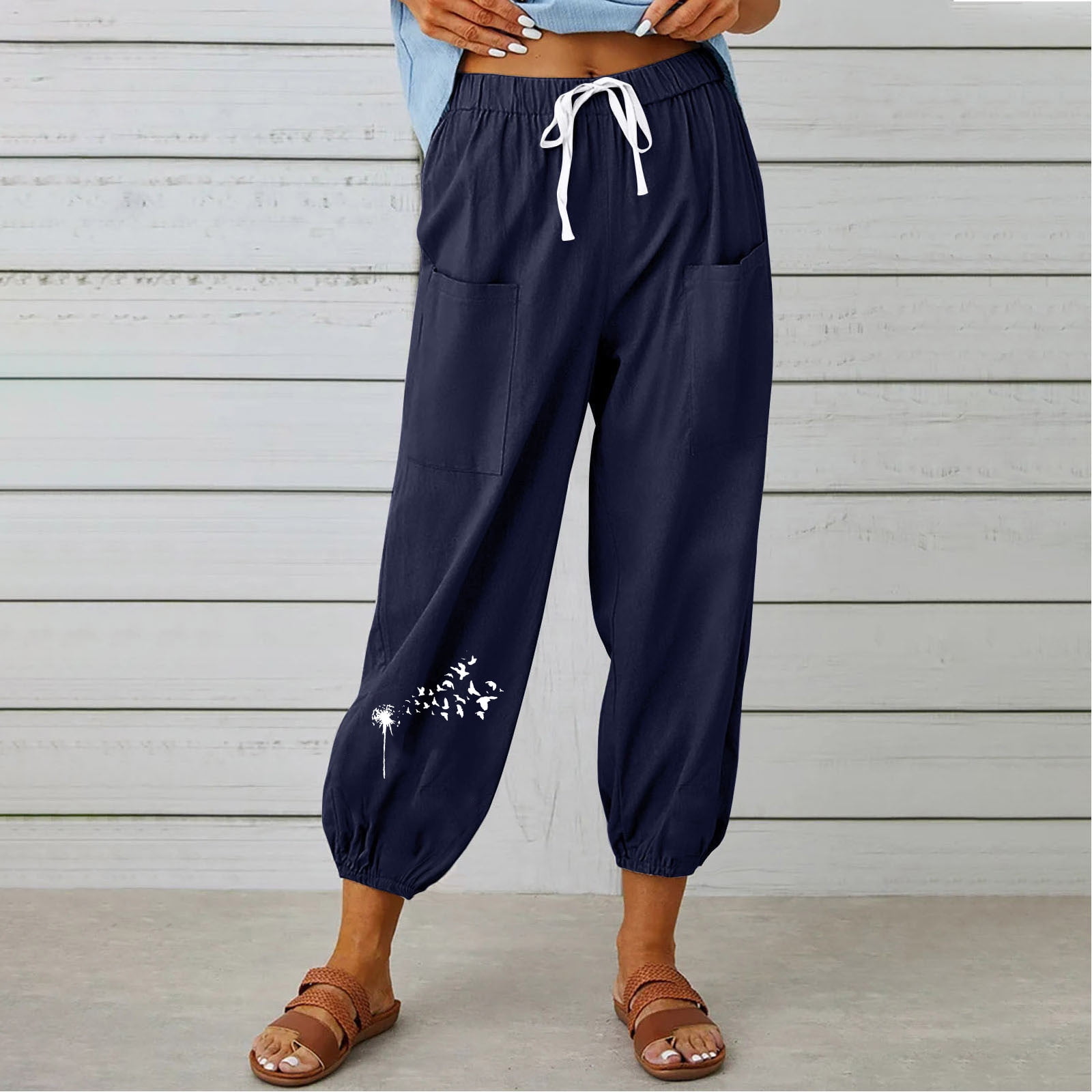 WXLWZYWL Capris Pants for Women with Pockets Summer Baggy Linen Pants ...