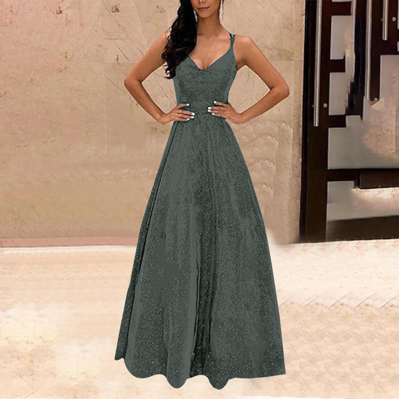 WXLWZYWL Double Spaghetti Straps V Neck Prom Dresses for Women Sequin ...