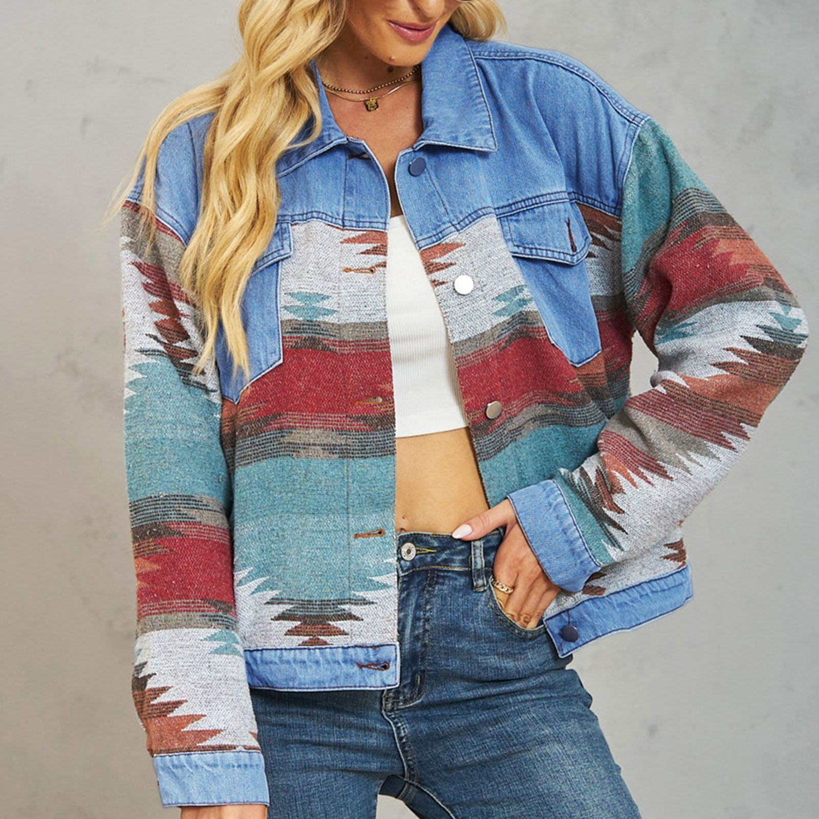 WXLWZYWL Denim Jacket for Women Plus Size Lapel Button Down Aztec Print ...