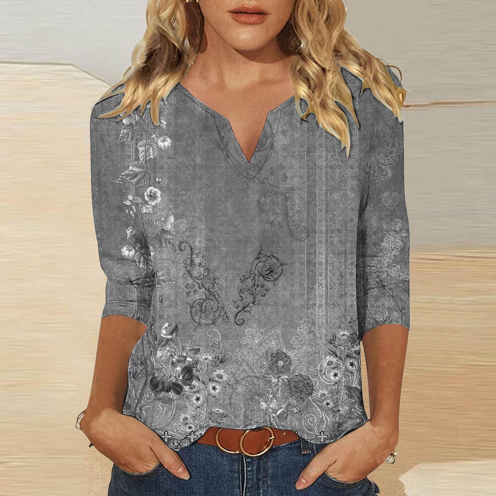 WXLWZYWL Fall Savings Womens 3/4 Sleeve Shirts Summer Boho Floral Print Blouses Casual V-Neck ...