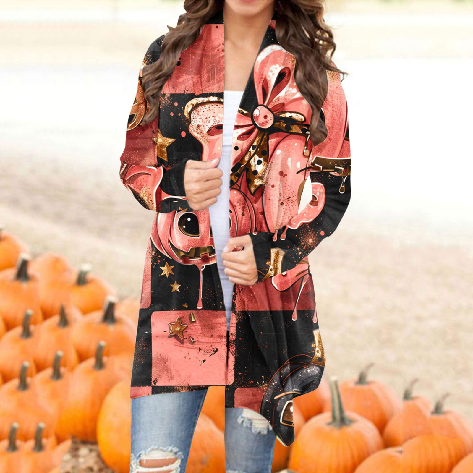 WXLWZYWL Halloween Cardigans for women 2024 Ghost Pumpkin Bat Spide Web ...