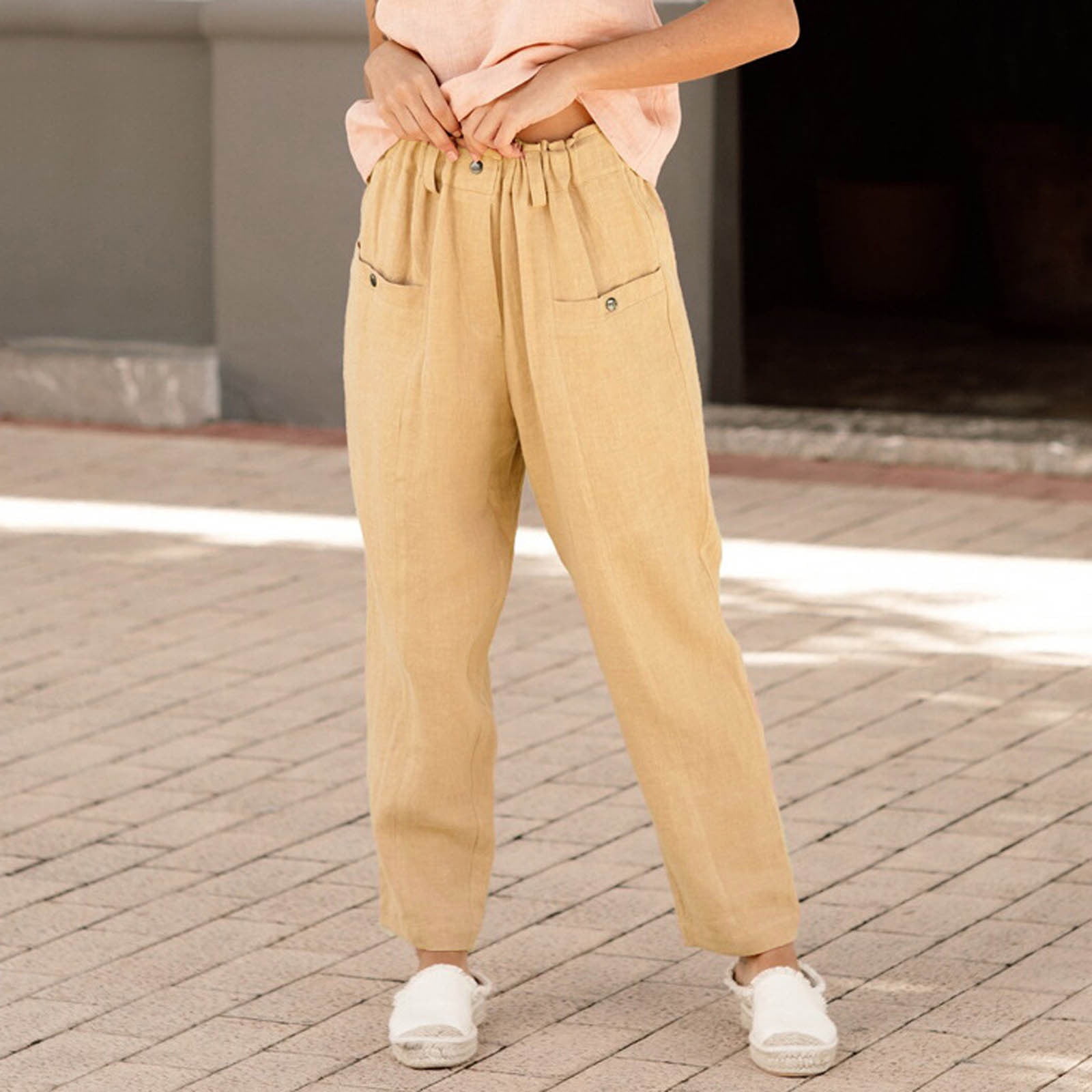 WXLWZYWL Linen Cotton Pants for Women Petite Button Solid Color ...