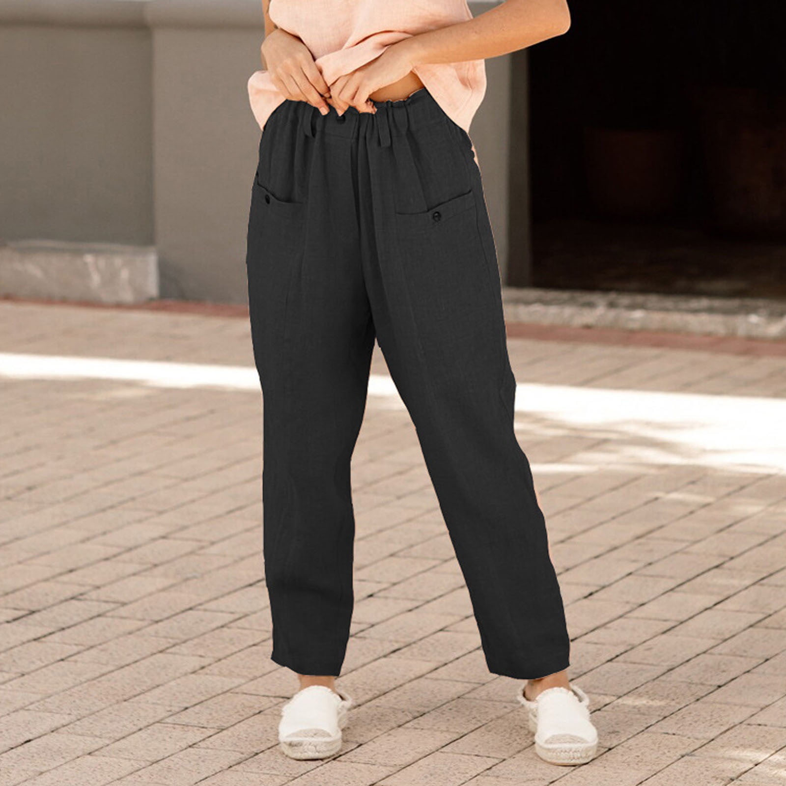 WXLWZYWL Linen Cotton Pants for Women Petite Button Solid Color ...