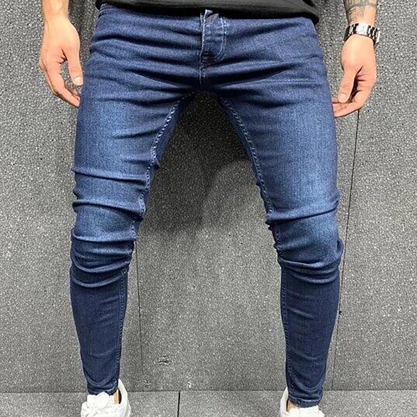 WXLWZYWL Mens Pants Ripped Jeans for Men Slim Denim Regular Fit Tapered Leg Distressed Destroyed ...