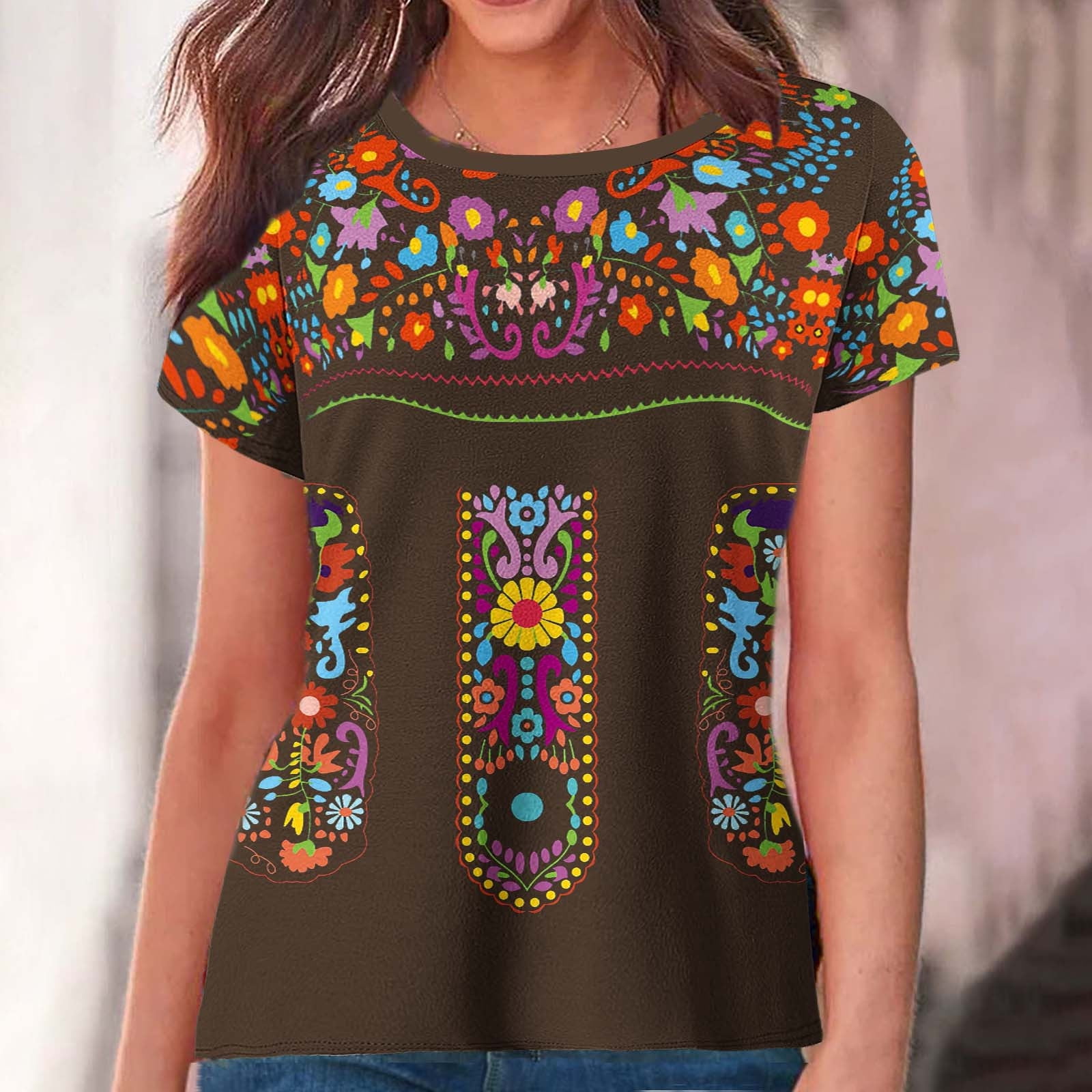 WXLWZYWL Plus Size Womens Summer Tops Clearance Short Sleeve Round Neck Mexican Embroidered T ...