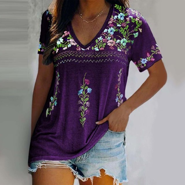 WXLWZYWL Tunic Top for Women Plus Size Clearance Embroidered Floral Print Boho Mexican Peasant ...