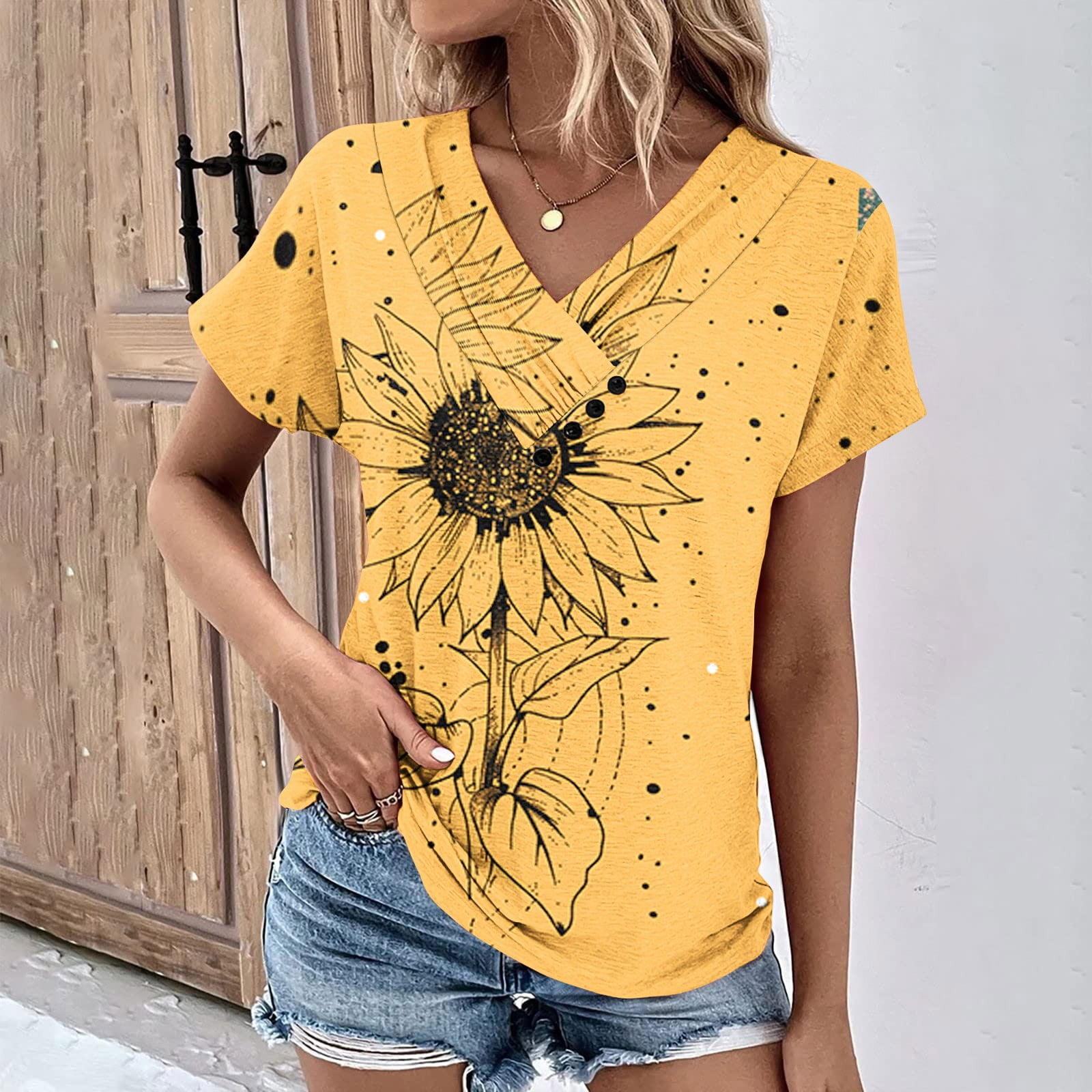WXLWZYWL Tunic Tops for Womens Plus Size V Neck Short Sleeve Vintage Wildflowers Printing Shirt ...