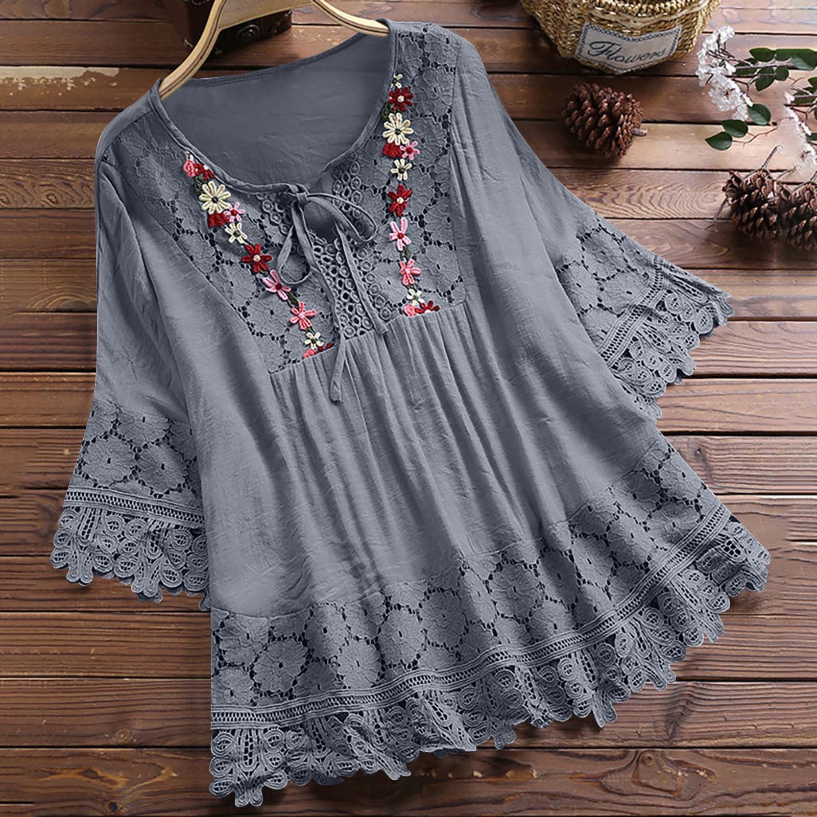 WXLWZYWL Tunic Tops for Women Plus Size 3/4 Sleeve V Neck Pleated floral Embroidered Tie Gypsy ...