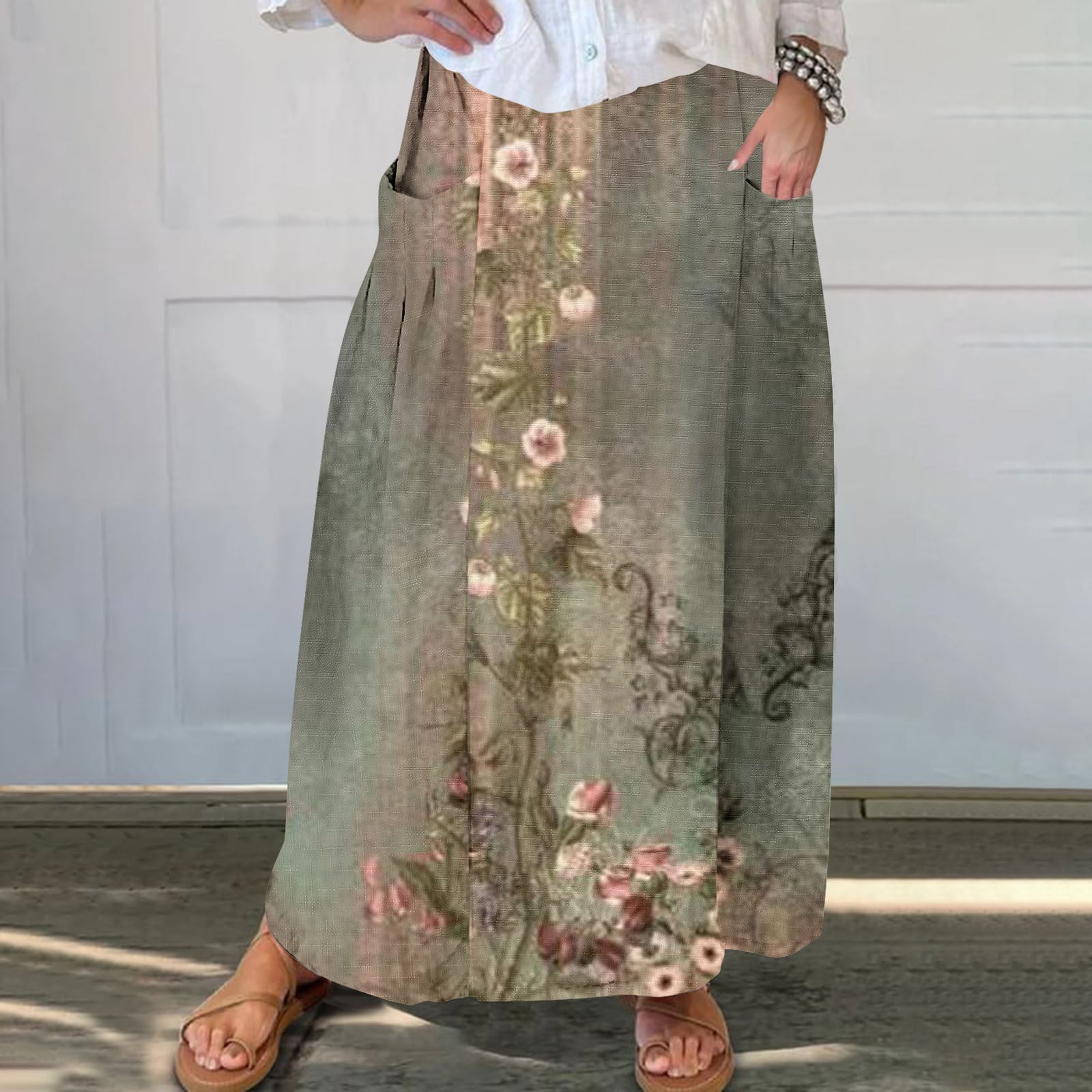 WXLWZYWL Women Flowy Maxi Skirt Floral Print Fall Casual Boho High ...