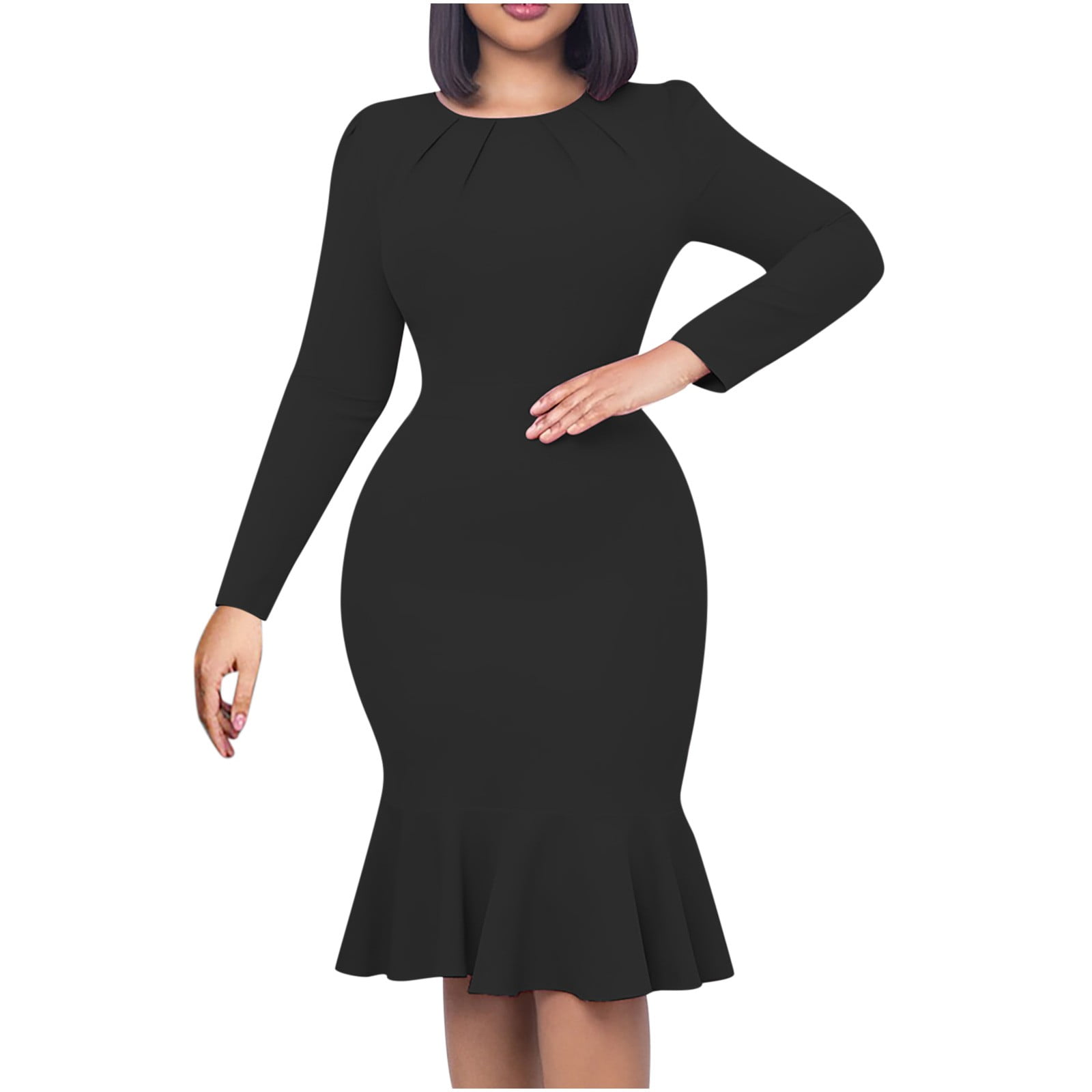 WXLWZYWL Women Slim Waist Dress Long Sleeve Solid Color Dress Black ...