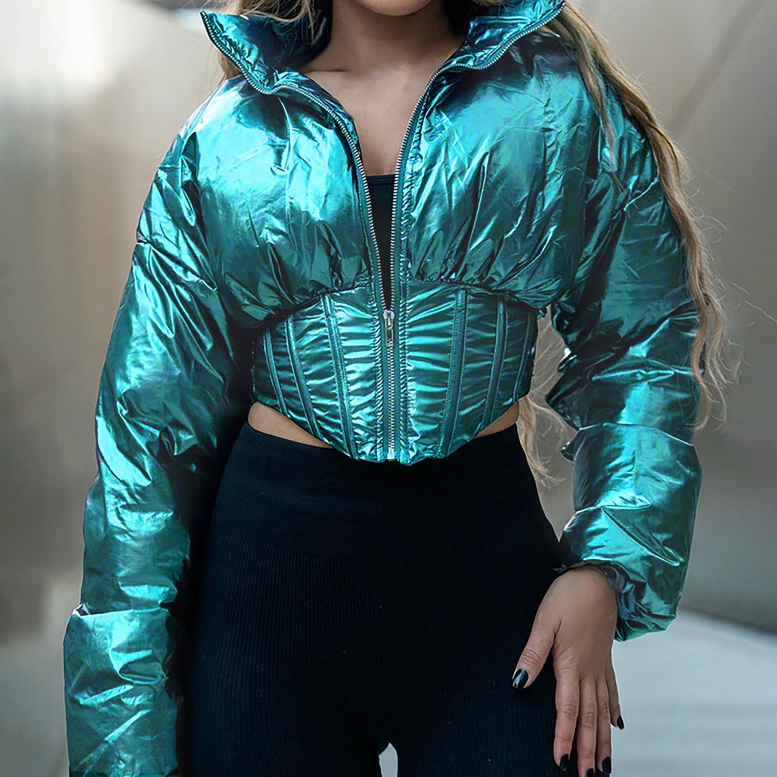 WXLWZYWL Women's Cropped Puffer Jacket Shiny Long Sleeve Solid Color ...