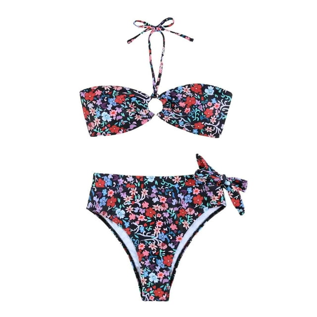 WXLWZYWL Women's Floral Print Halter Triangle Tie Side Bikini Bathing ...